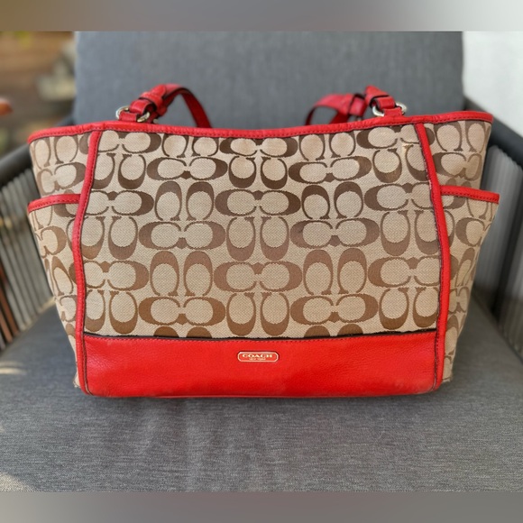 Coach | Bags | Coach Signature Jacquard Tote With Red Leather | Poshmark